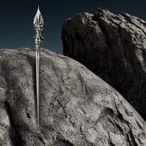 silver dagger stuck in a rock, dramatic lighting, | Stable Diffusion
