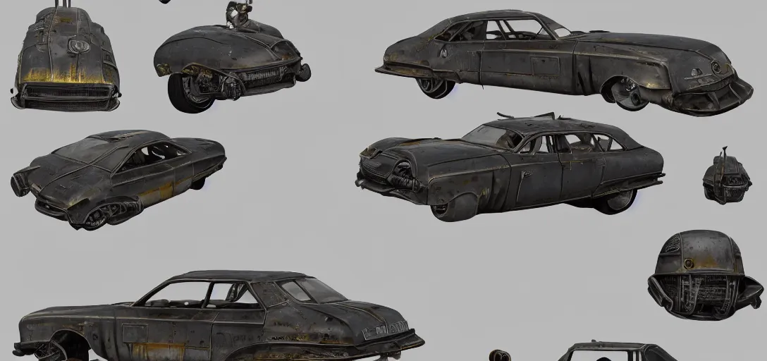 Fallout 3D Model Civilian Car Concept Art, black | Stable Diffusion