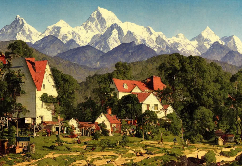 painting of a rural town with mountains in the | Stable Diffusion | OpenArt
