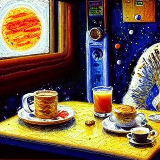 impressionism painting American Breakfast in space | Stable Diffusion