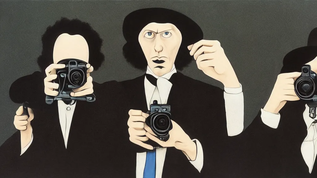 Two people holding cameras and facing each other, by | Stable Diffusion ...
