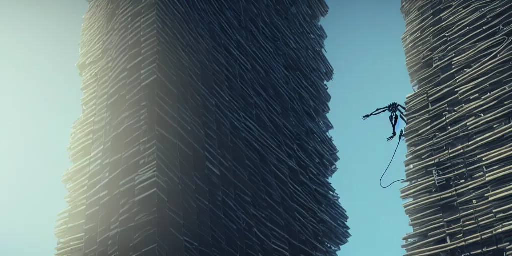 large human skeleton going up the side of a tall | Stable Diffusion