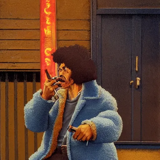 a hirsute broad man in a { denim shearling coat } sits | Stable ...