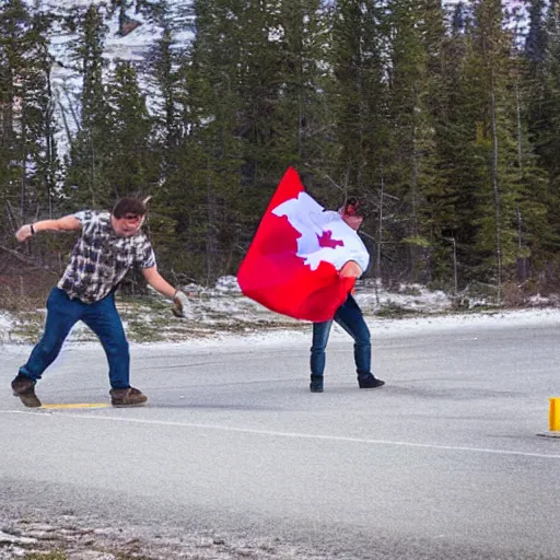 angry canadians throwing trash over the us - canadian | Stable Diffusion