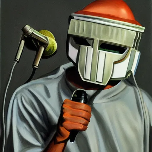 beautiful lifelike painting of mf doom holding the mic | Stable ...