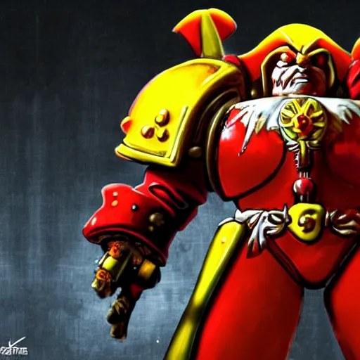 ronald mcdonald wearing warhammer space marine armor | Stable Diffusion