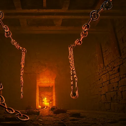 a dark and desolate stone dungeon with red tattered | Stable Diffusion