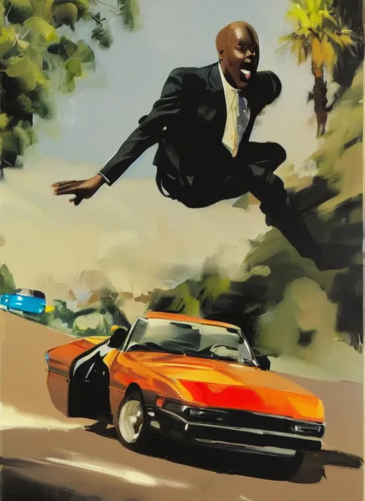 mr. moseby behind wheel, convertable crashing, | Stable Diffusion