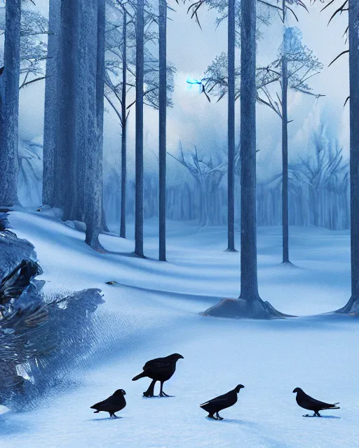 realistic scene of frozen forest and ravens, 8k, ultra | Stable ...