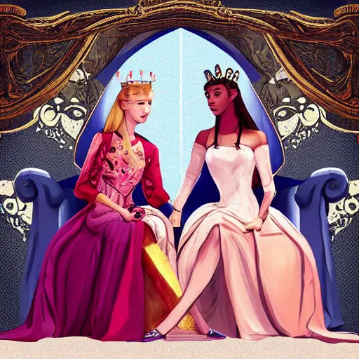 two beautiful young queens sitting in thrones across | Stable Diffusion ...