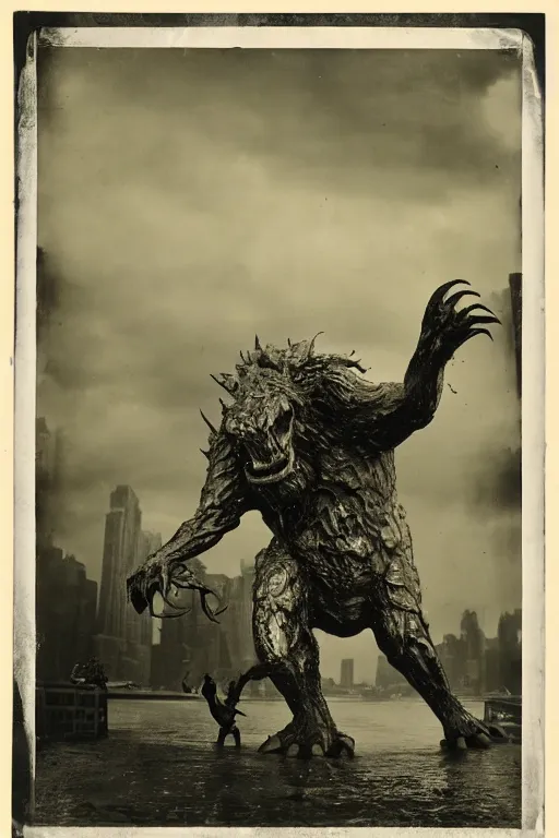 a wet plate photo of giant monster attacking new york | Stable ...