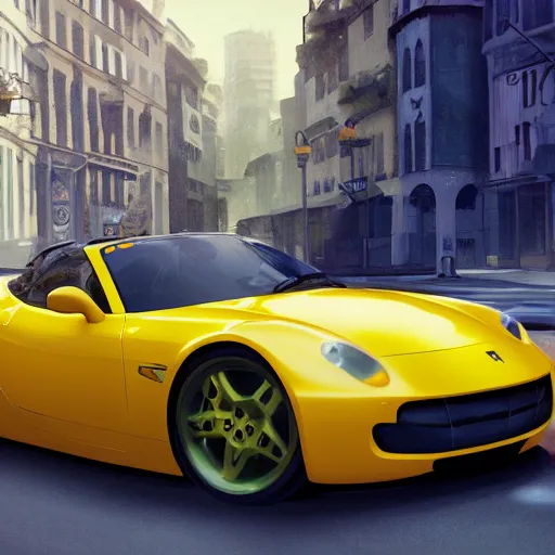 a yellow sports car driving down a street, computer | Stable Diffusion ...