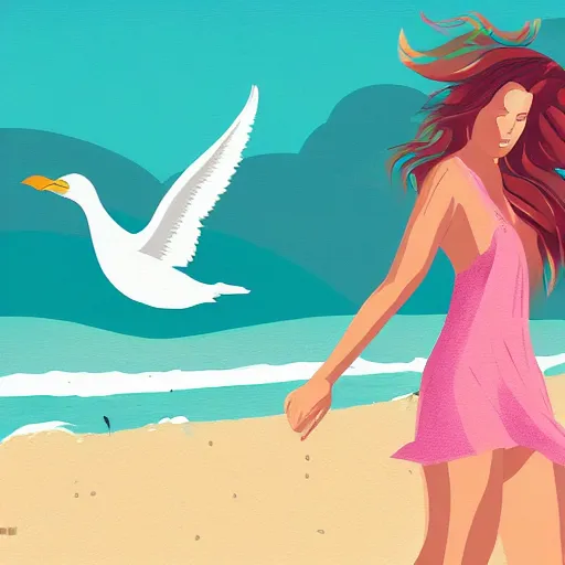 Digital art of a woman riding a giant seagull at the | Stable Diffusion ...