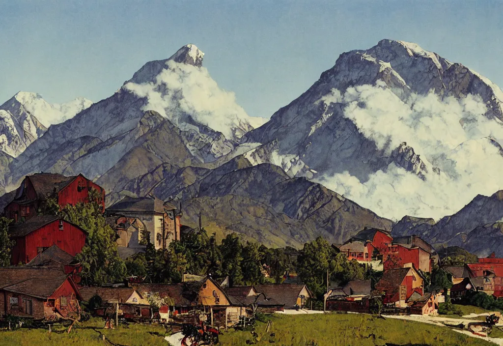 painting of a rural town with mountains in the | Stable Diffusion | OpenArt
