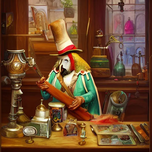 Anthropomorphized parrot trader in his shop, portrait, | Stable ...