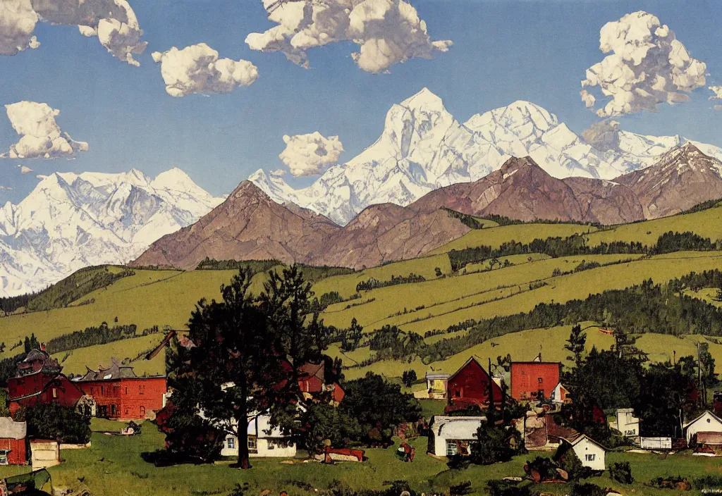 painting of a rural town with mountains in the | Stable Diffusion | OpenArt