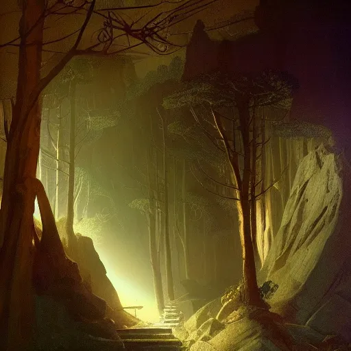 clockwork night shadows and geometric light, forest, | Stable Diffusion