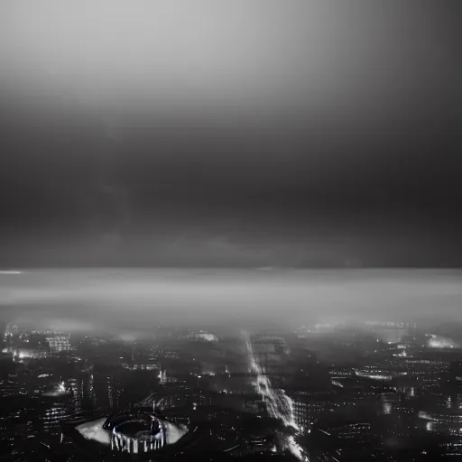 dark city in the sky with fog, realistic, dark, foggy | Stable Diffusion