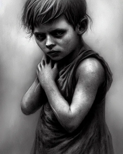 creepy child, hopelessness, staring out, black and | Stable Diffusion