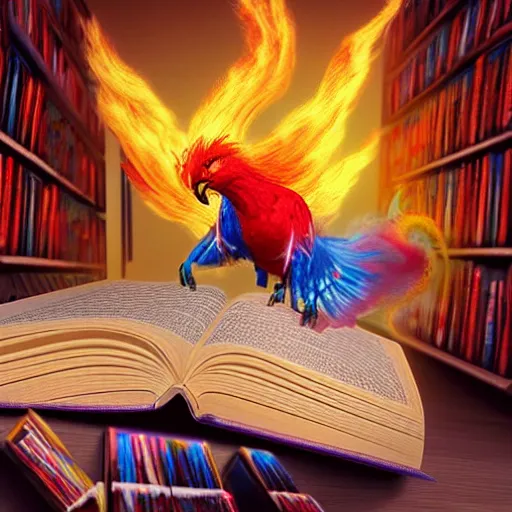 a cute flaming mythical firebird reading a book in a | Stable Diffusion | OpenArt