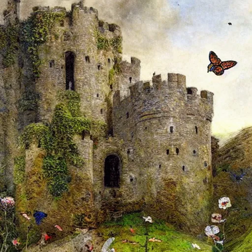 exterior of a mossy stone castle with butterflies | Stable Diffusion ...