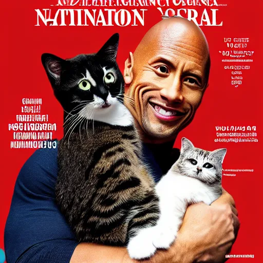 dwayne johnson petting a cat, cover of national | Stable Diffusion ...