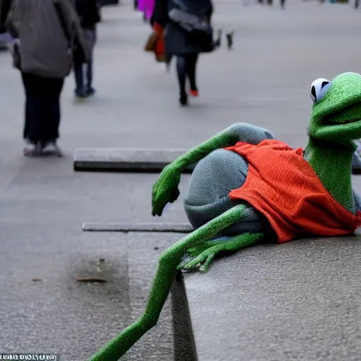 homeless Kermit the frog down on his luck sitting on a | Stable ...