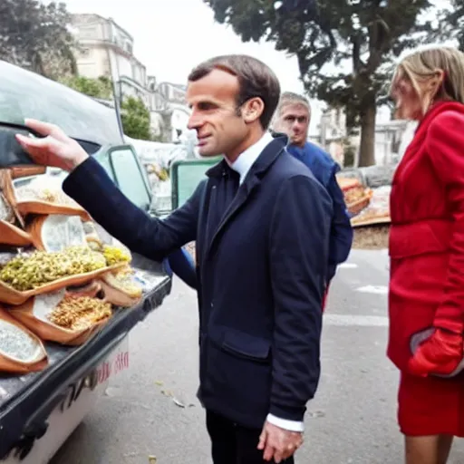 a barefoot emmanuel macron giving food to the poor | Stable Diffusion