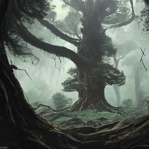 large tree in dense dark forest, seen from below, many | Stable Diffusion | OpenArt