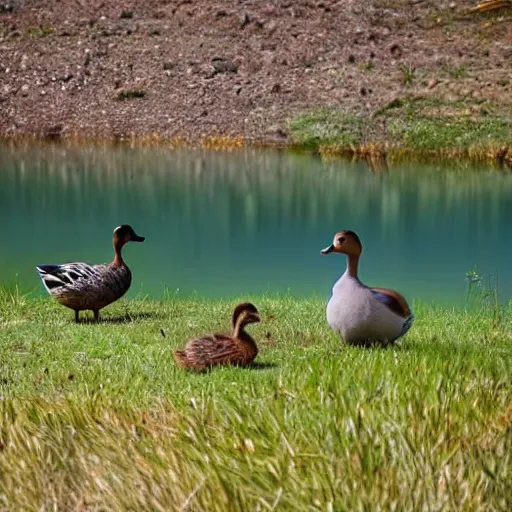 high detailed photo of a lake with duck and rabbit | Stable Diffusion