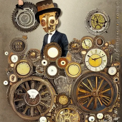 a butler made of clocks and cogs holding a plate of | Stable Diffusion