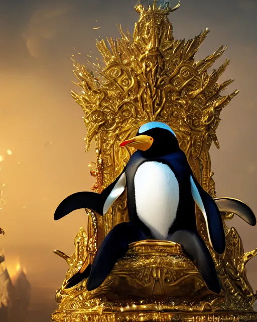 oil painting of penguin, sitting on golden throne, | Stable Diffusion