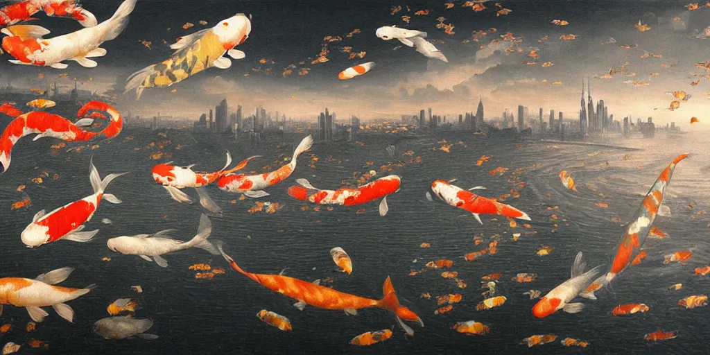 beautiful oil matte painting, giant flying koi fishes | Stable ...