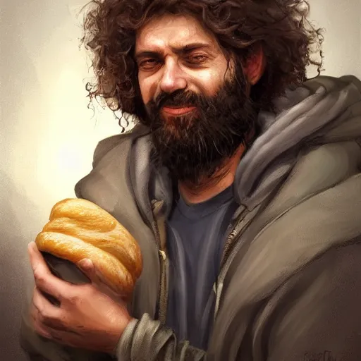 Epic portrait A happy homeless man holding loaf of | Stable Diffusion ...