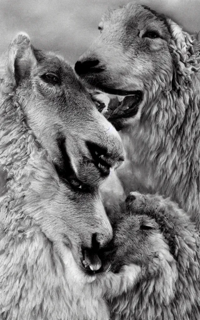 a beksinki sheep biting the neck of a realistic wolf | Stable Diffusion ...