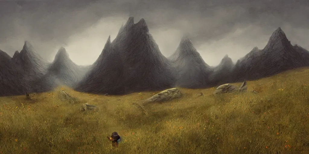 angry mountain, behind meadow, menacing, illustration, | Stable ...