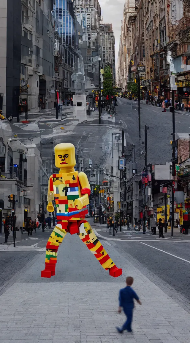 hyperrealistic giant lego man walking through street, | Stable Diffusion