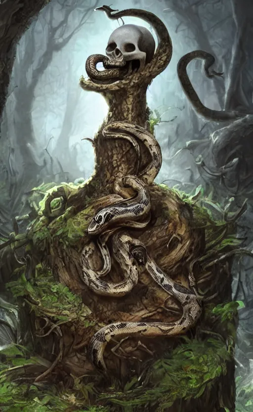 a skull on a tree stump with a snake coming out of the | Stable ...