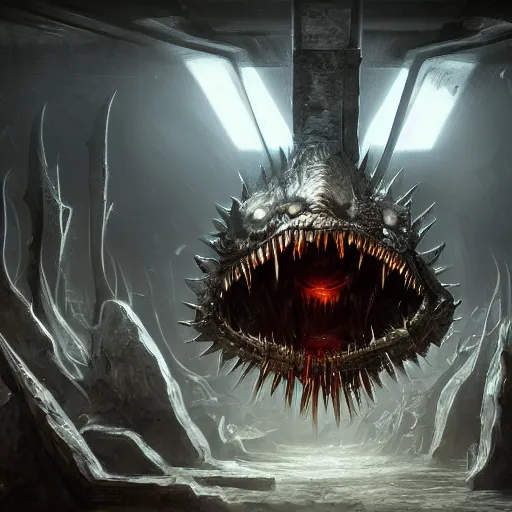 a spiky eldritch evil mechanical mouth in a dark | Stable Diffusion
