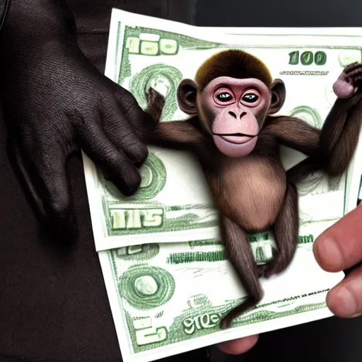 Photograph of a monkey holding money bills, 4k, highly | Stable Diffusion