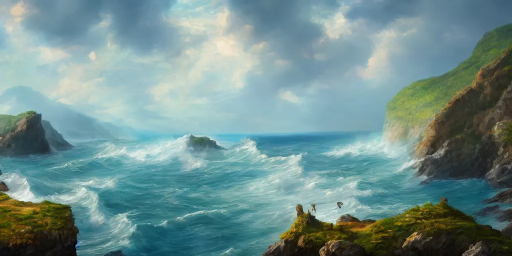fantasy painting of islands and cliffs overseeing a | Stable Diffusion ...