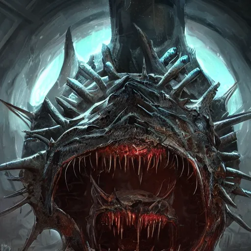 a spiky eldritch evil mechanical mouth in a dark | Stable Diffusion