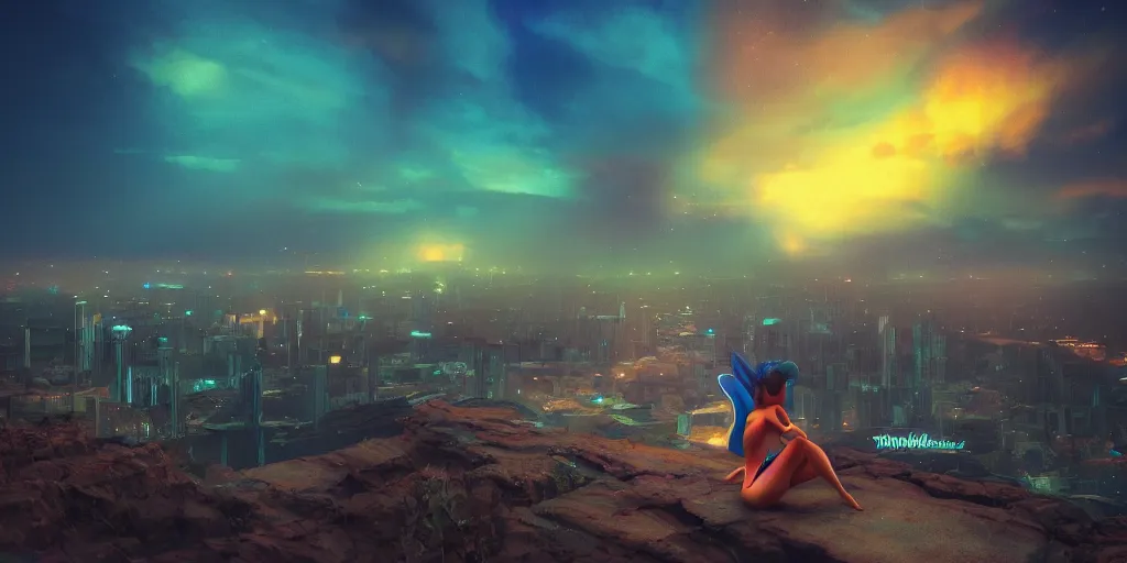 small blue fairy on a cliff looking to a synthwave | Stable Diffusion ...
