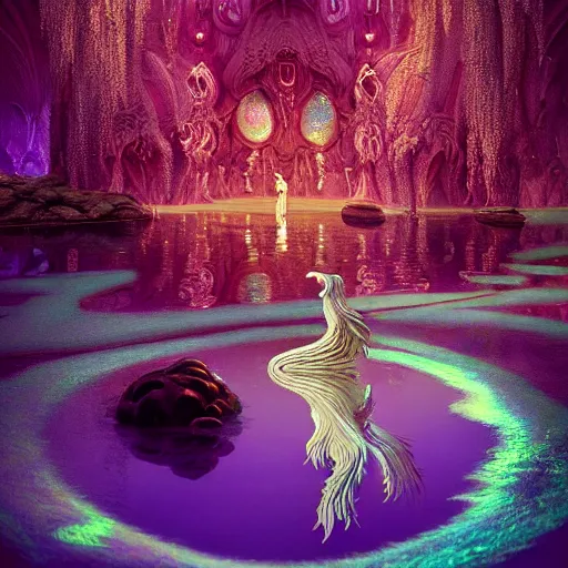 iridescent creature in fluffy candy, water reflection, | Stable ...