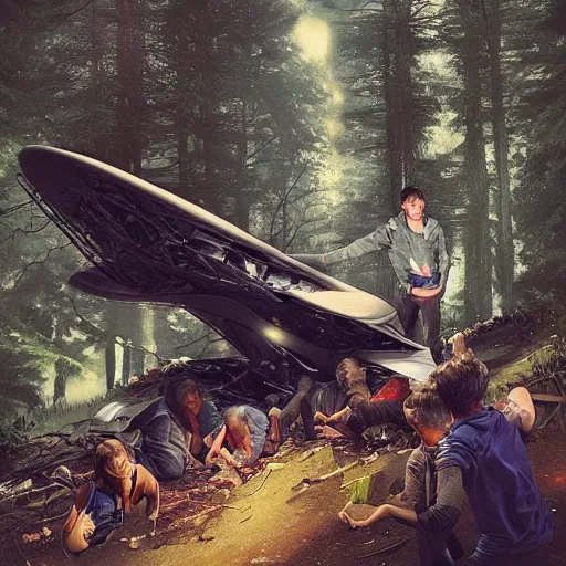 a group of teenagers find a spaceship that crashed to | Stable Diffusion | OpenArt