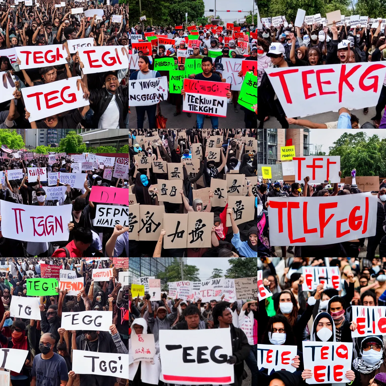 protesters holding up signs that have'tegeken'written | Stable ...