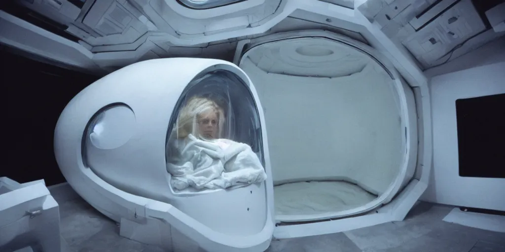 a tight shot of Ripley sleeping inside an all-white | Stable Diffusion ...