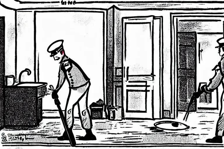 a new yorker style cartoon of a soldier cleaning a room | Stable Diffusion