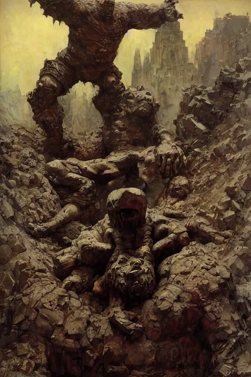 evil priests awake a giant golem, dynamic, painted by | Stable ...