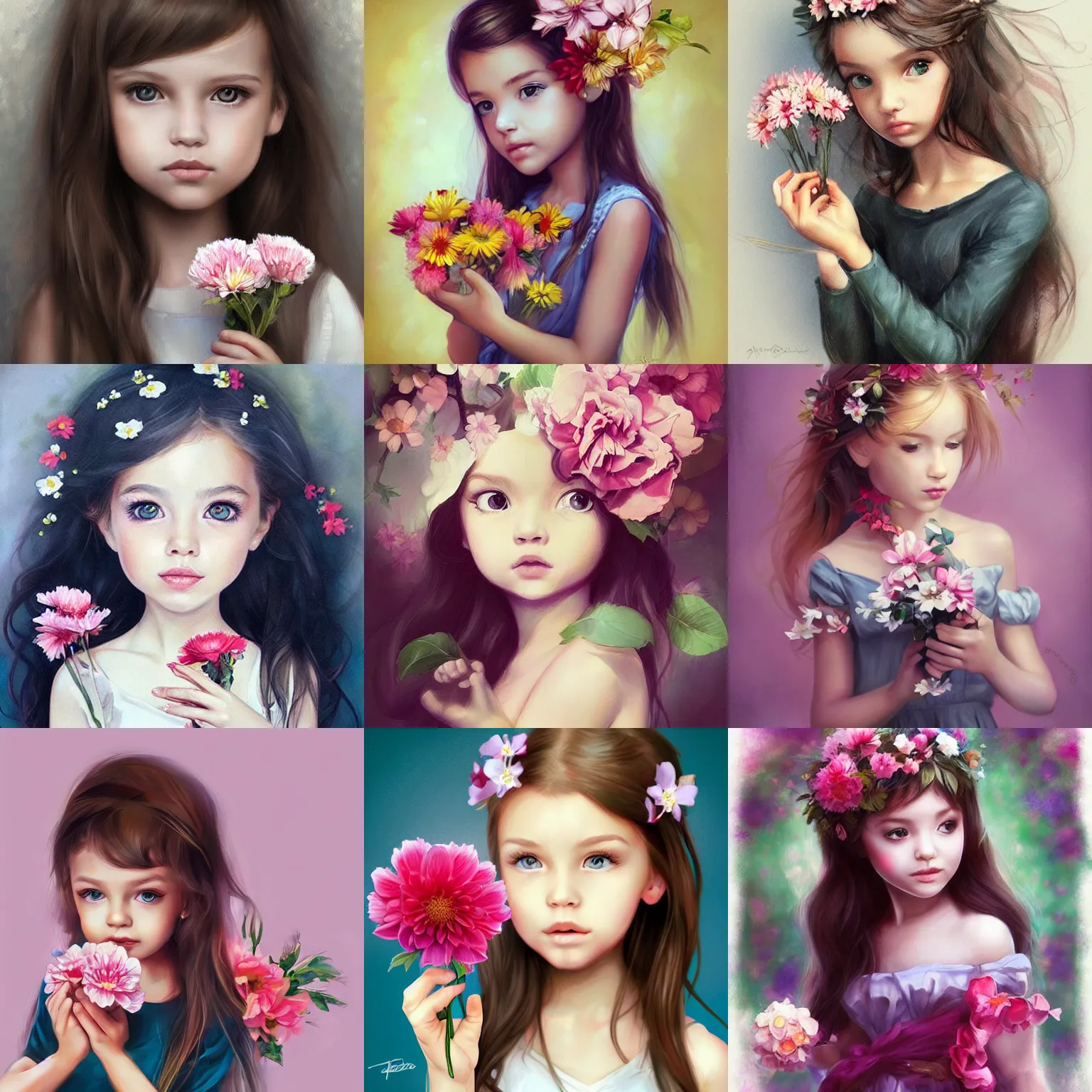 A little beautiful girl with flowers in her hand, | Stable Diffusion | OpenArt